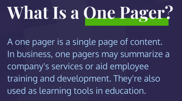 One pager definition from Venngage